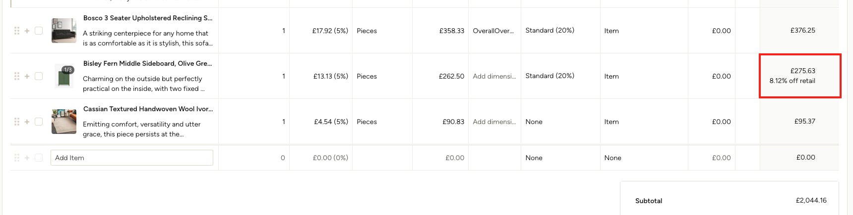 Showing Client Savings on Retail Price per Line Item | Houzz Pro