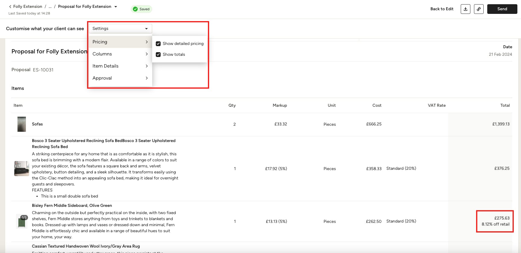 Showing Client Savings on Retail Price per Line Item | Houzz Pro