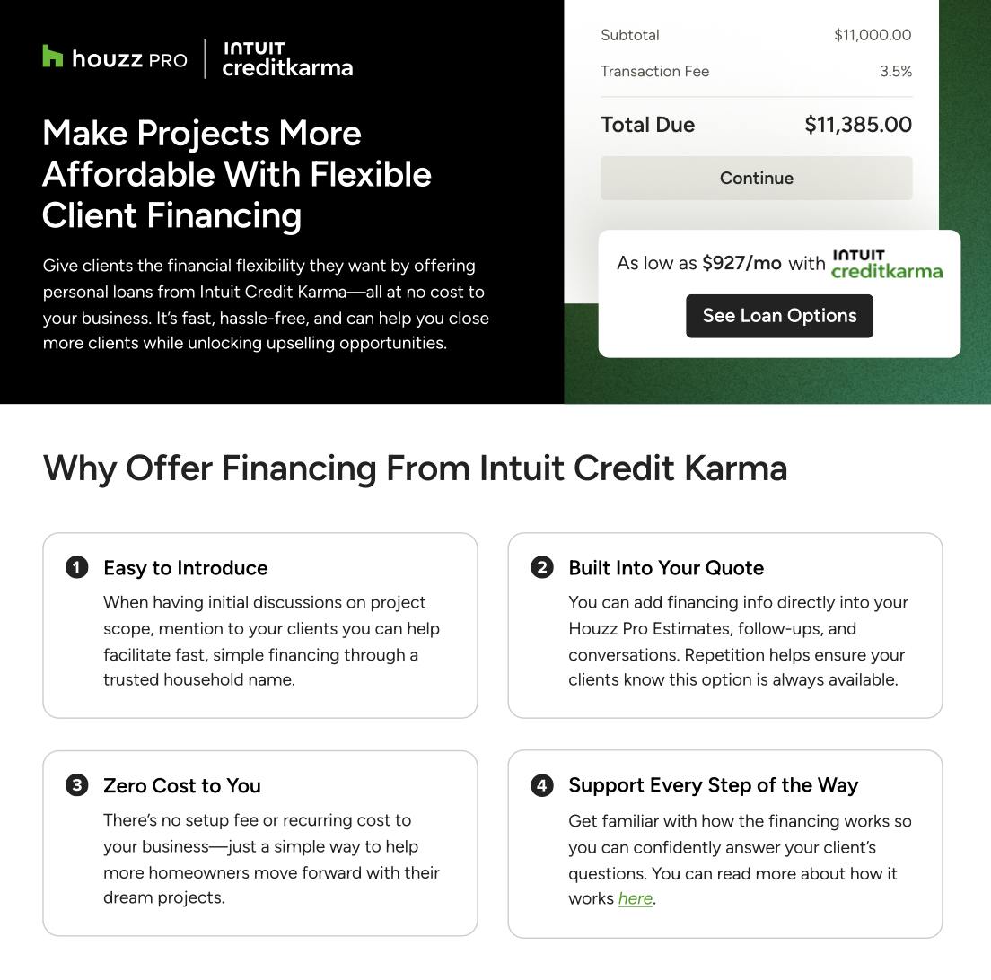 Client Project Financing with Credit Karma on Houzz Pro
