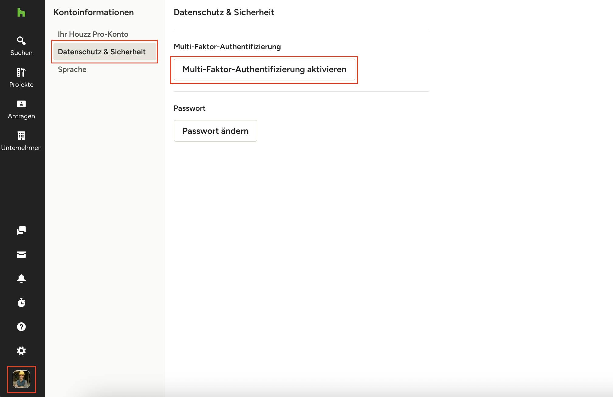 Multi-Faktor-Authentifizierung einrichten | Houzz Pro